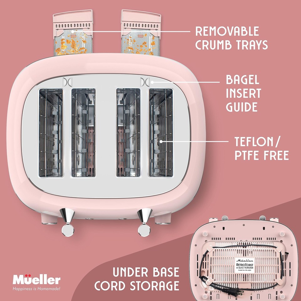Mueller Retro Toaster 4 Slice with Extra Wide Slots Bagel, Defrost, and ...