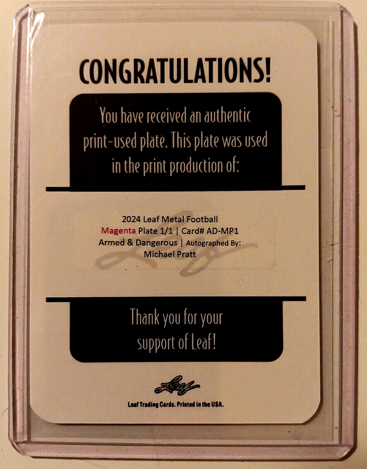 2024 Leaf Armed & Dangerous Autograph Michael Pratt 1/1 Magenta Print ...