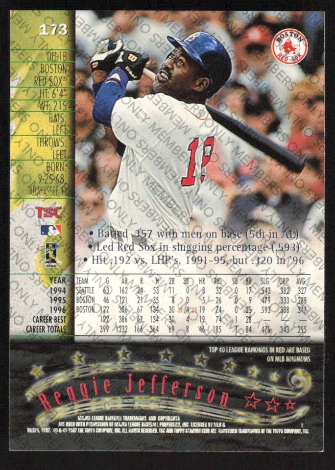 1997 Topps Stadium Club Members Only Reggie Jefferson #173 Boston Red ...