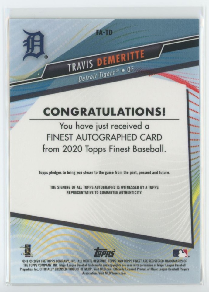 2020 Finest Autographs Travis Demeritte RC Auto Detroit Tigers ...