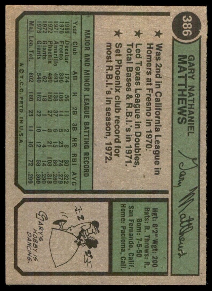 1974 TOPPS GARY MATTHEWS . SAN FRANCISCO GIANTS #386 | eBay