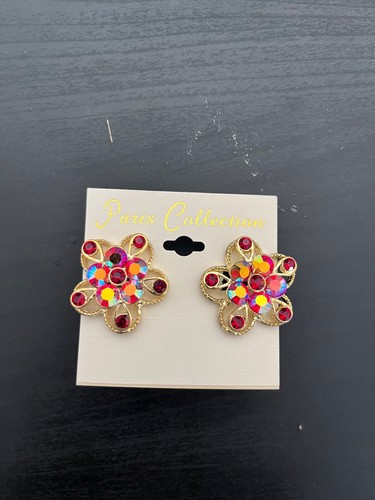 Vintage gold flower with paved multicolor rhinestone earrings | eBay
