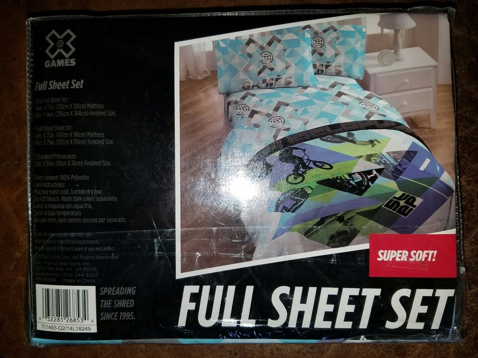 X Games Sheet Set Full size 4 pc Bedding Extreme Skateboard BMX Blue ...