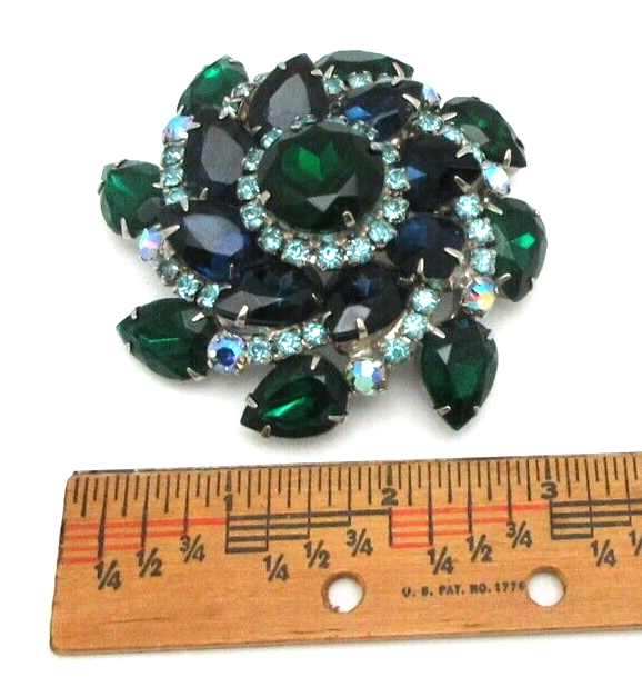 STUNNING 3" GREEN & BLUE Aurora Borealis Rhinestone Pinwheel Brooch Pin ...