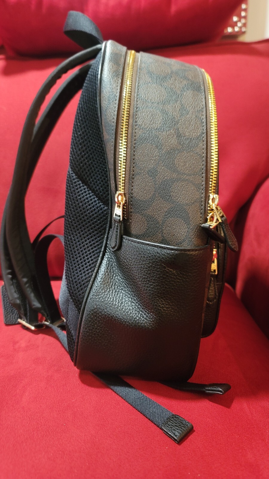 COACH COURT Backpack Signature Brown Canvas Black Pebbled Leather 5671 ...