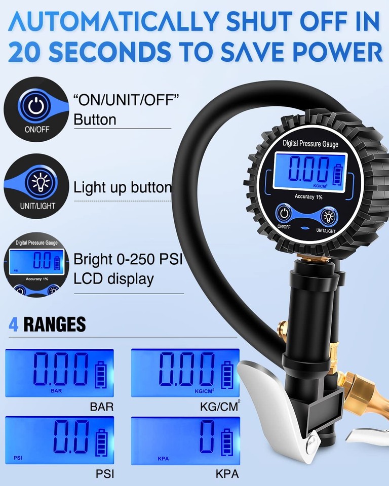 Nilight Digital Tire Inflator Pressure Gauge 250 PSI Air Chuck and ...