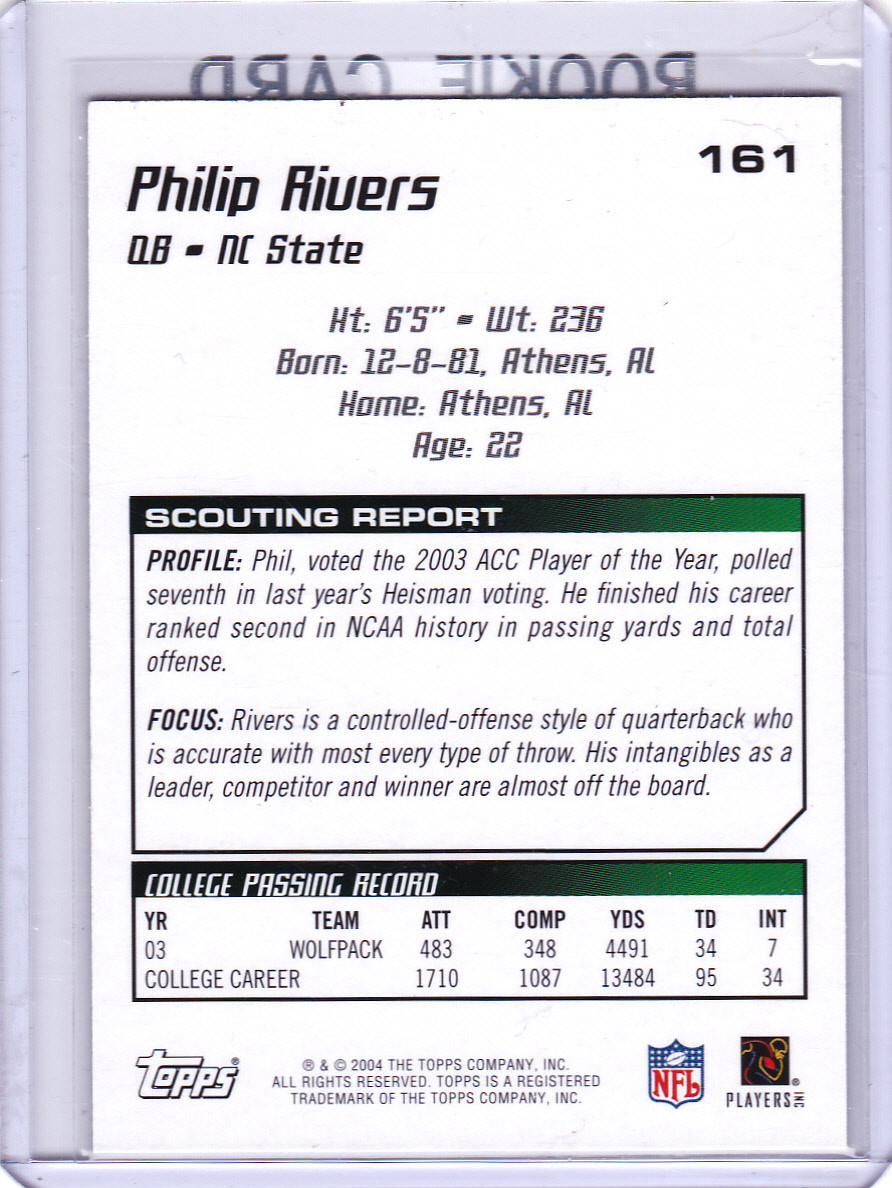 PHILIP RIVERS ROOKIE CARD Topps Draft Picks & Prospects LA CHARGERS NFL ...