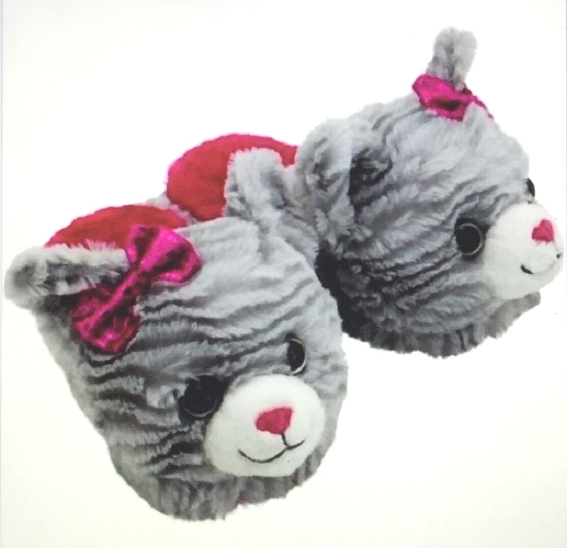 NEW L 2/3 Kitty Cat Slippers Cute Gray w Hot Pink Girls Plush Animal ...