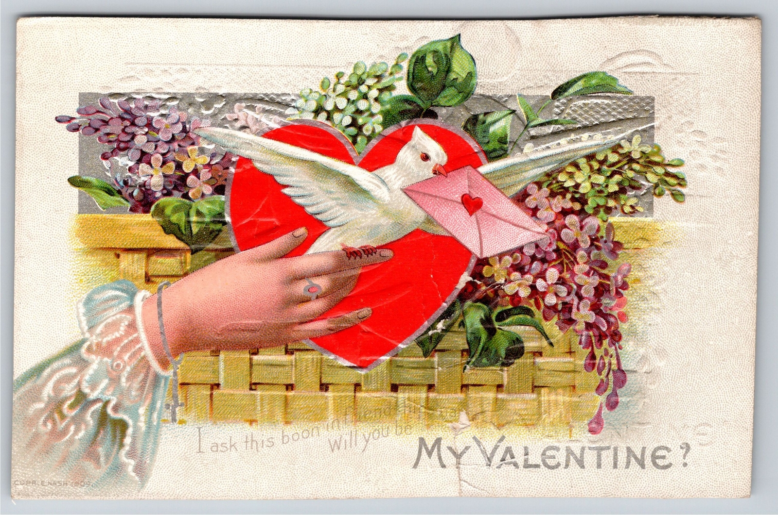 Nash~My Valentine~Hand W/ Dove Holding Letter & Flowers~Emb~Vintage ...