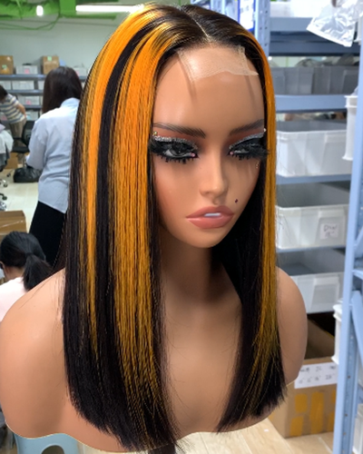2x6 Lace Front Wig Black Highlight Orange Straight Short Bob Human Hair ...