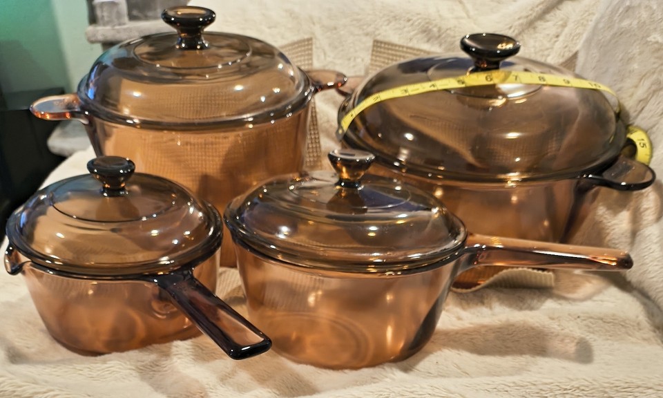 COMPLETE MINT SET |8 piece| Vintage/80s Corning VISION Ware Amber Glass ...