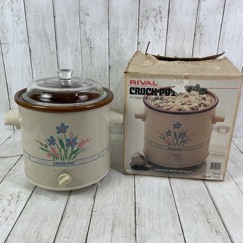 Vtg RIVAL Slow Cooker CROCK POT 3.5 Qt MODEL 3100P FLORAL Design W/ Box ...