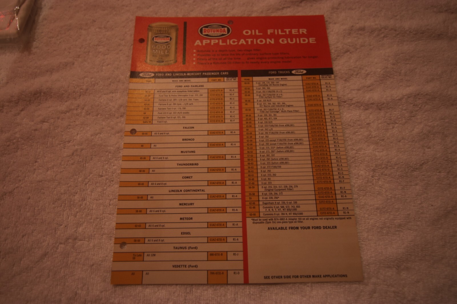 NOS 1965/66 Ford Mustang Rotunda Oil Filter Application Chart Mint!! | eBay