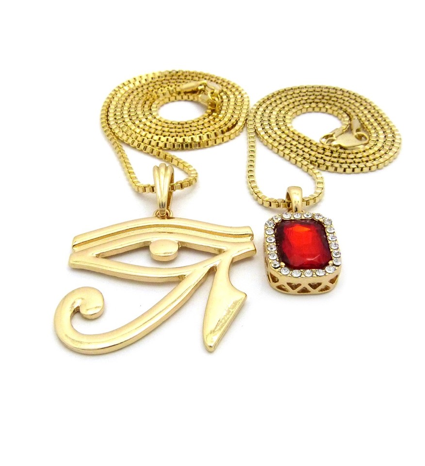 Gemstone, Eye of Horus Pendant 24",30" Box Chain Hip Hop 2 Necklace Set ...