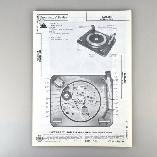 Garrard A70 Record Player Turntable Service Manual SAMS Photofact 765-7 ...