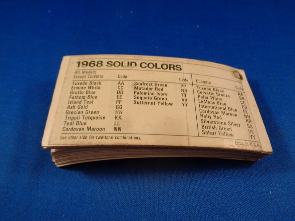 1968 Chevrolet Corvette Impala Chevelle Nova Accessory Color Chip Book ...