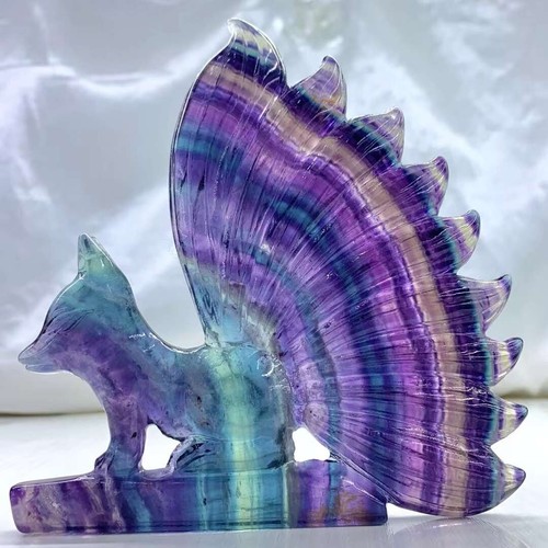 330g Natural Fluorite Quartz Carved Nine-tailed fox Skull Crystal ...