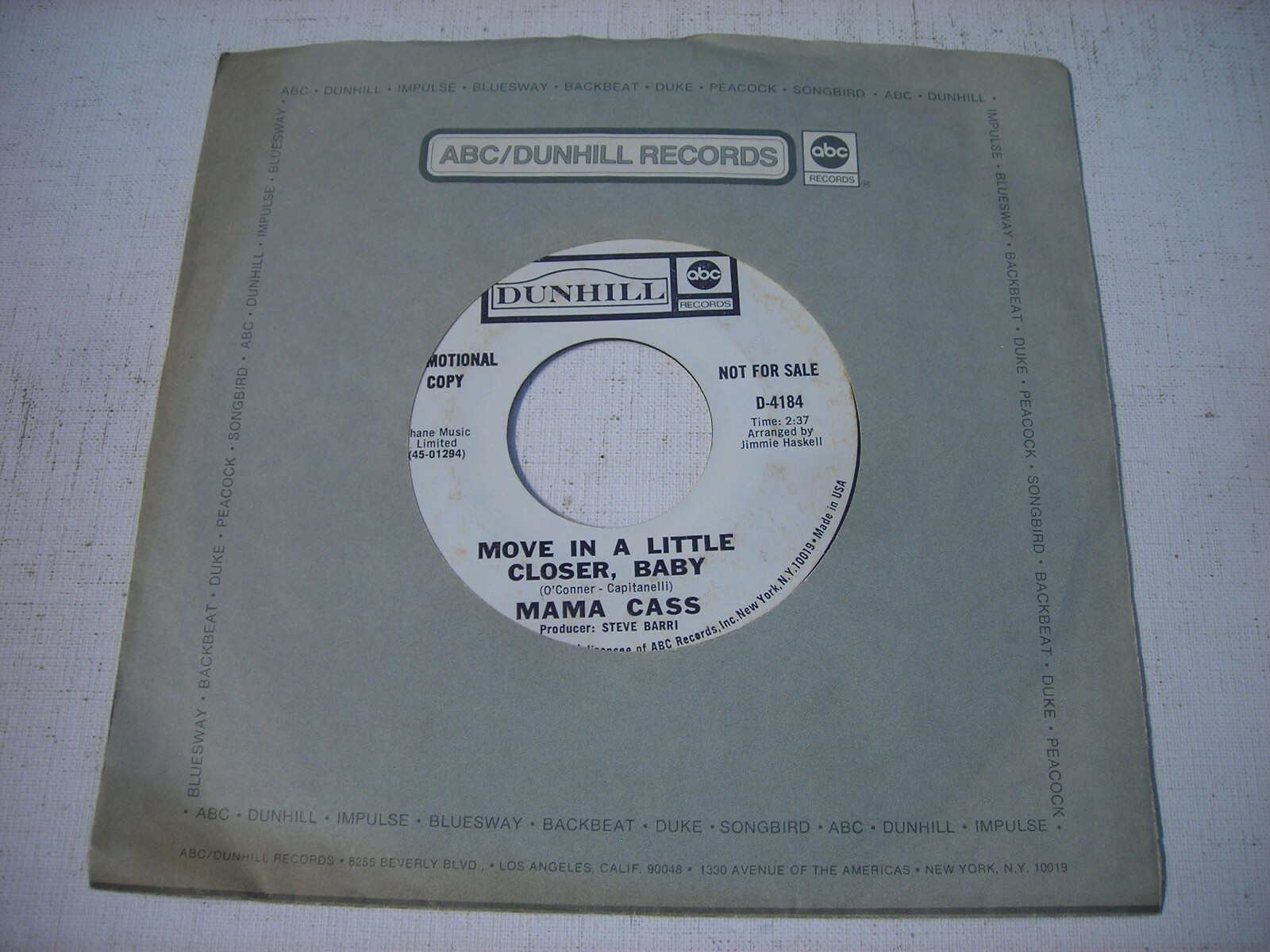 PROMO w SLEEVE Mama Cass Move In a Little Closer, Baby 1969 45rpm VG++ ...