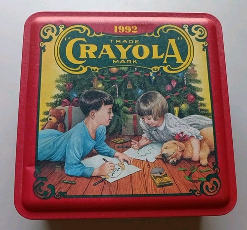 Vintage Christmas Crayola Crayons Empty Metal Tin Box Canister Art ...