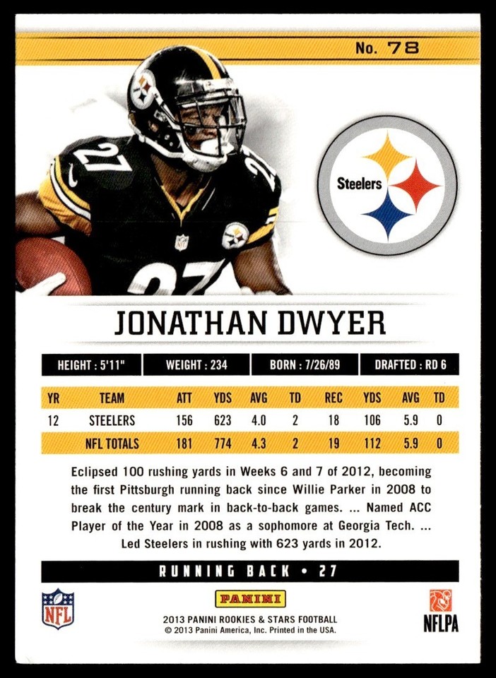 2013 Panini Rookies & Stars Jonathan Dwyer Pittsburgh Steelers #78 | eBay