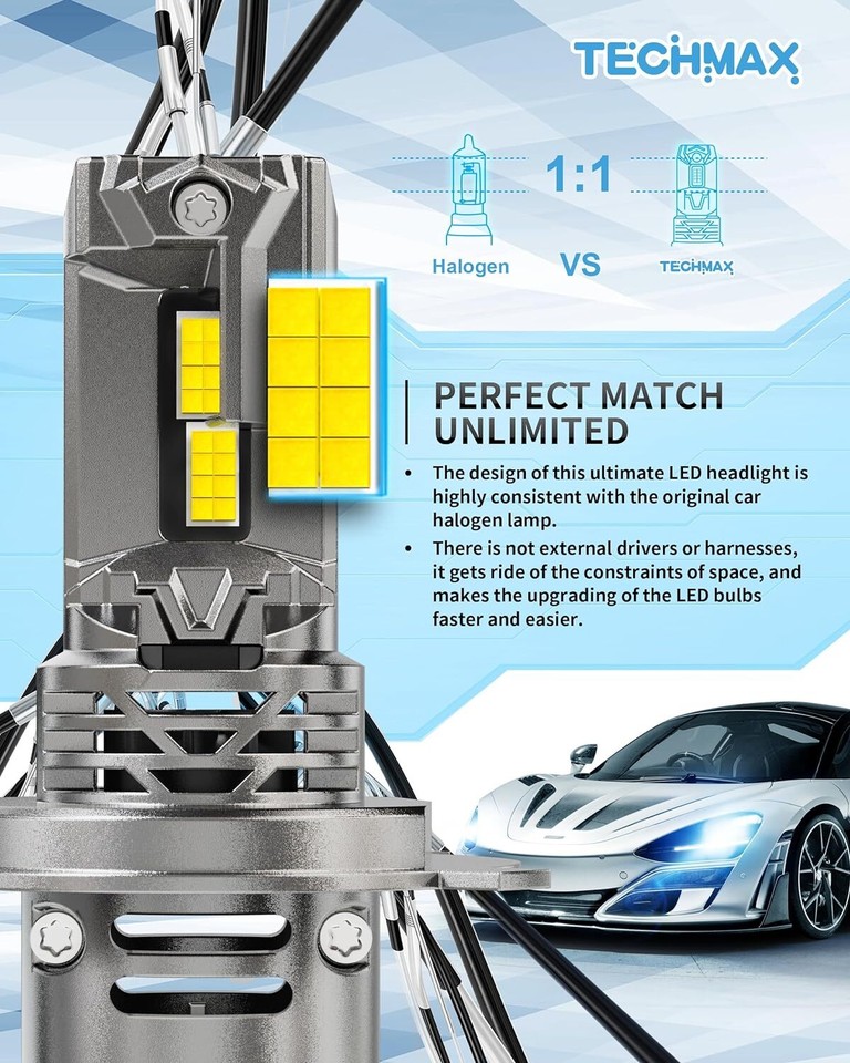 TECHMAX H4 LED Bulbs, 23000LM 110W 600% Super Brighter 6500K Cool White ...