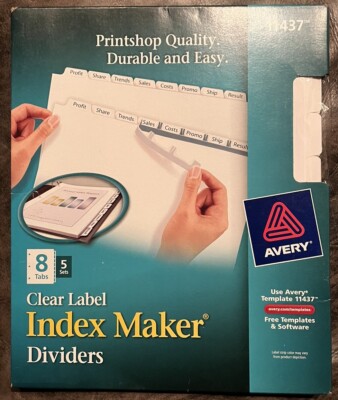 Avery 11437 - Clear Label Index Maker Dividers 8 Tabs, 5 Sets, White | eBay