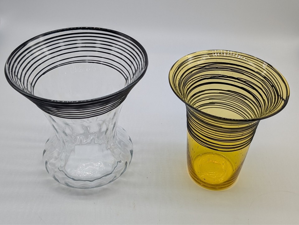 Two Steuben Reeded Threaded Art Glass Vases 1 Bristol Yellow 1 Clear No ...