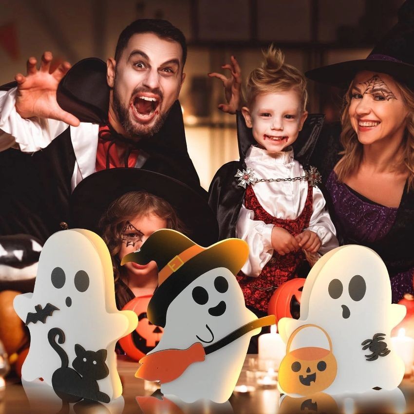 3pcs Halloween Decorations Cute Ghost Wooden Signs Indoor Tabletop ...