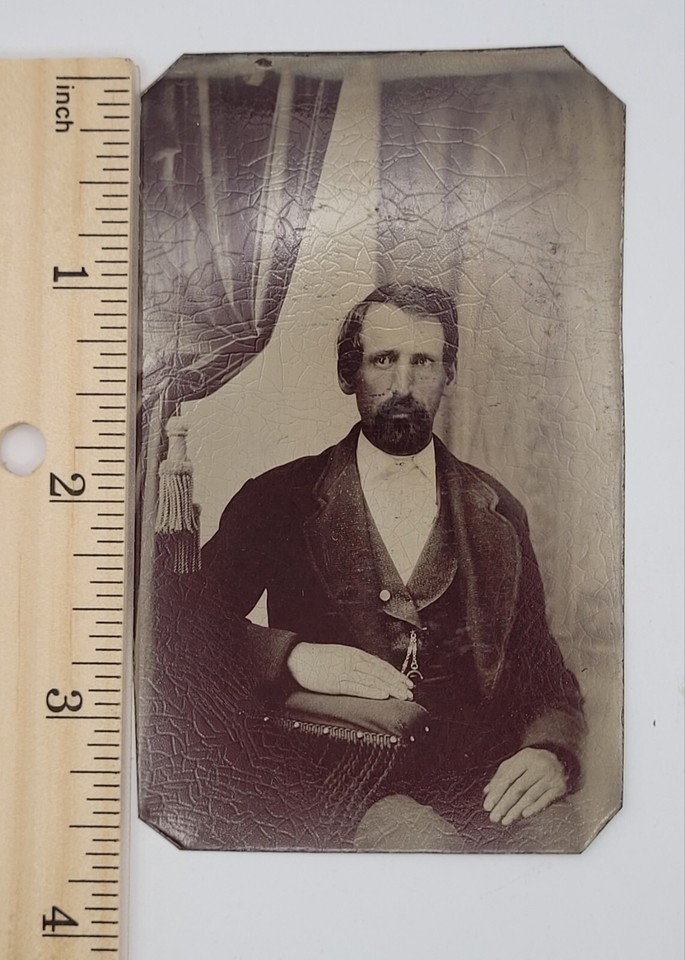 Antique Tintype Photo Goatee Bearded Man Fancy Suit Sitting Monocle on ...