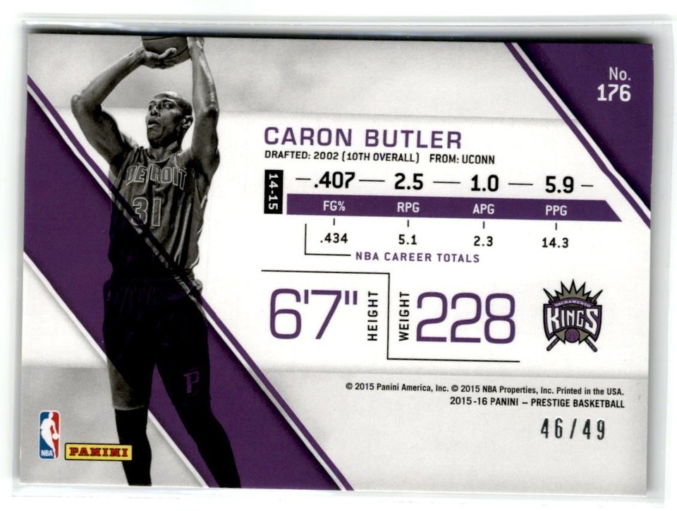 Caron Butler SN 46/49 Kings 2015-16 Panini Prestige Bonus Shots Purple ...
