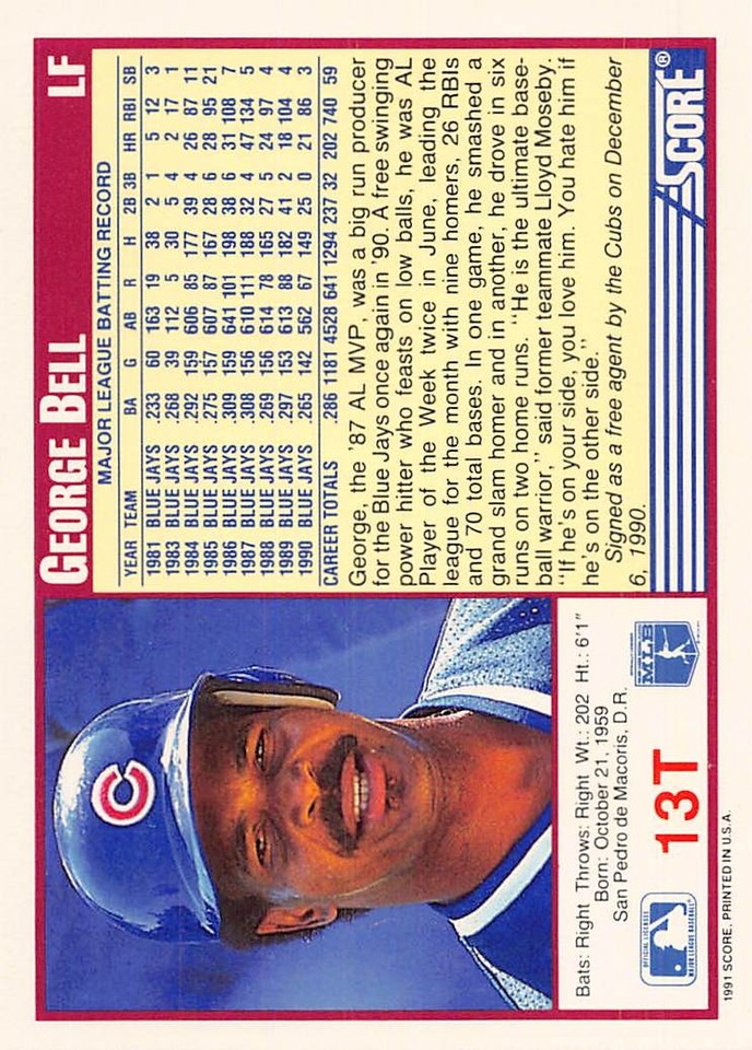 George Bell 1991 Score Rookie & Traded 13T Chicago Cubs Baseball Card ...