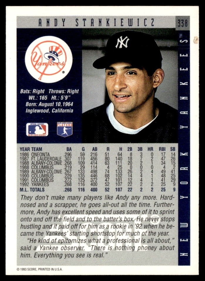 1993 Score Andy Stankiewicz New York Yankees #338 | eBay