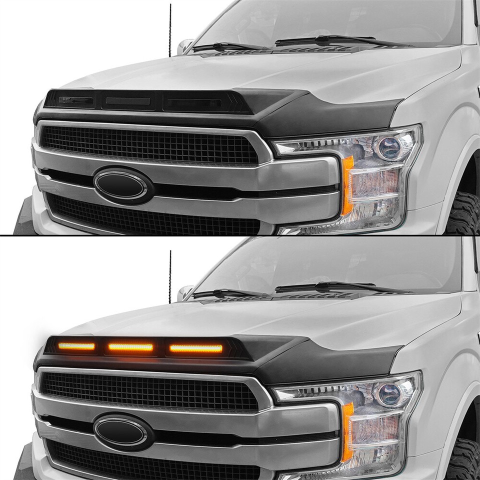 Black Front Hood Protector Stone Guard w/ Amber Lights for 2015-2020 ...