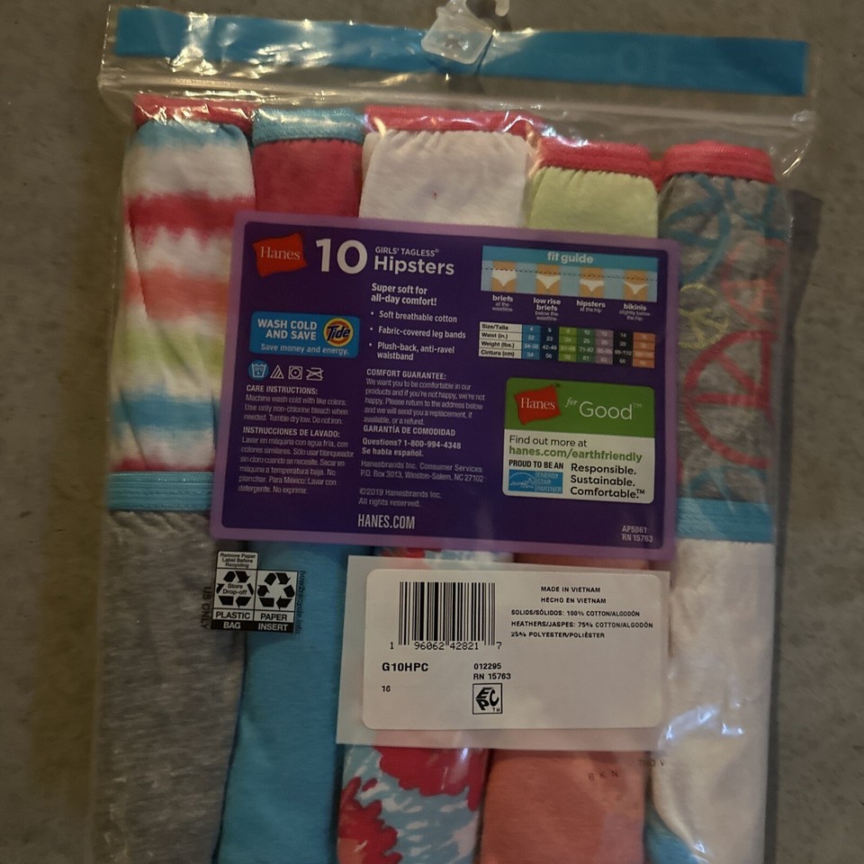 Girls 10 PACK Hanes Cotton Hipster Briefs (Size 16) BRAND NEW IN ...
