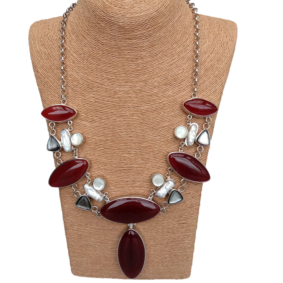 Y·YING Red Agate White Biwa Pearl Sea Shell Statement Necklace Women ...