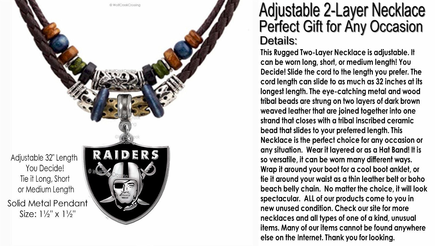 LARGE RAIDER NATION 32" ADJUSTABLE 2-LAYER NECKLACE FOOTBALL SPORTS ...