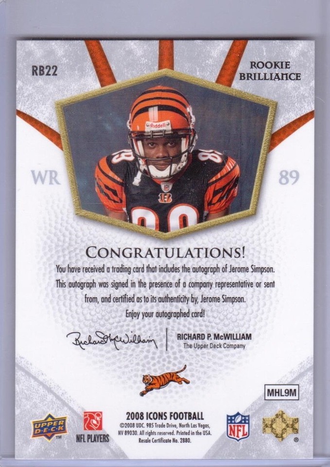 2008 Upper Deck Icons Rookie Brilliance Autograph #RB22 Jerome Simpson ...