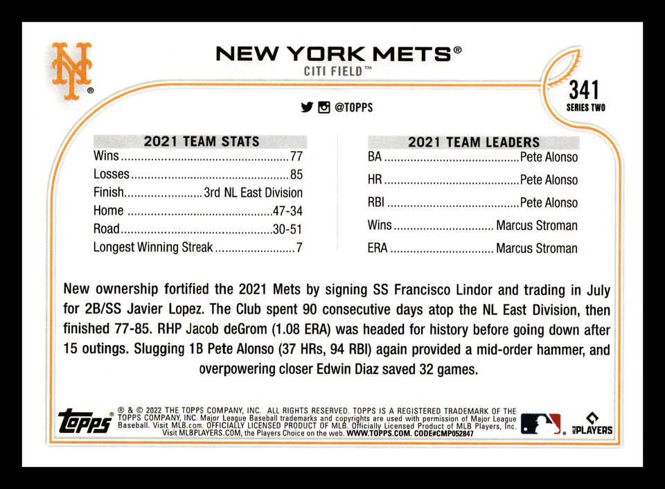 2022 Topps New York Mets Team Card Francisco Lindor #341 Centered Mint ...