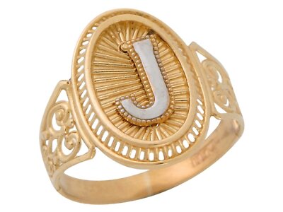 10k or 14k Two Tone Gold Letter J Filigree Band Radiant Ladies Oval ...