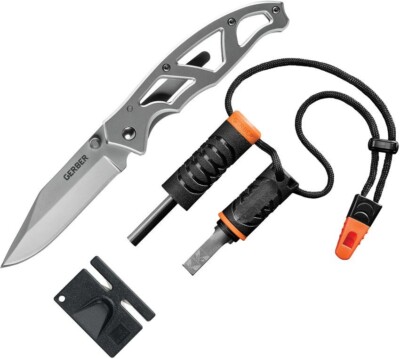 GERBER Survival Set Paraframe Knife, Fire Starter, Sharpener, Whistle Combo | eBay
