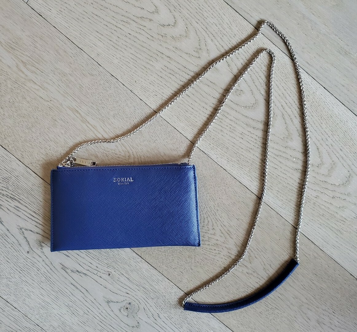 SORIAL NEW YORK Saffiano Crossbody Purse Leather Blue Mini Silver Chain ...