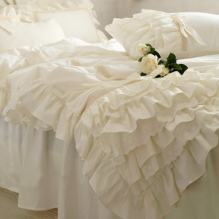Victorian Style Beige Lace & Ruffles Cotton Duvet Cover Set Bedding Set ...
