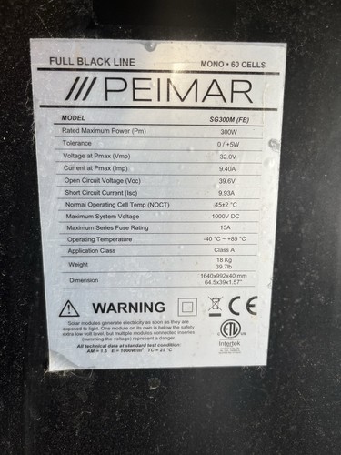 Peimar SG300M-FB 300W Full Black Mono Solar Panel – Used / Untested ...