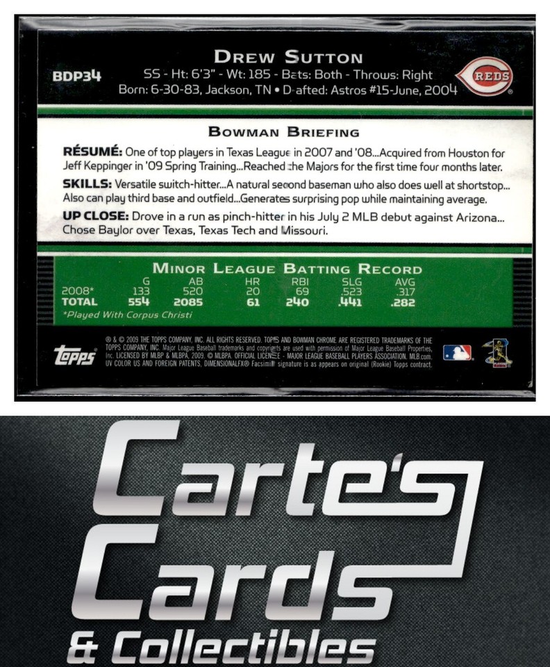 Drew Sutton 2009 Bowman Chrome Draft #BDP34 Reds TTM/IP Signed ...