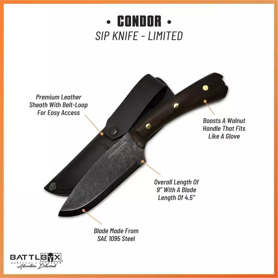 Condor Sip Full Tang 4.5" Fixed Blade Knife BattlBox Limited Edition ...