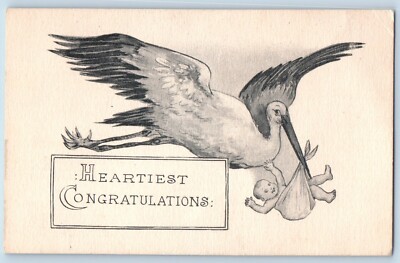 Heartiest Congratulations Postcard Stork Delivering Baby c1910's ...