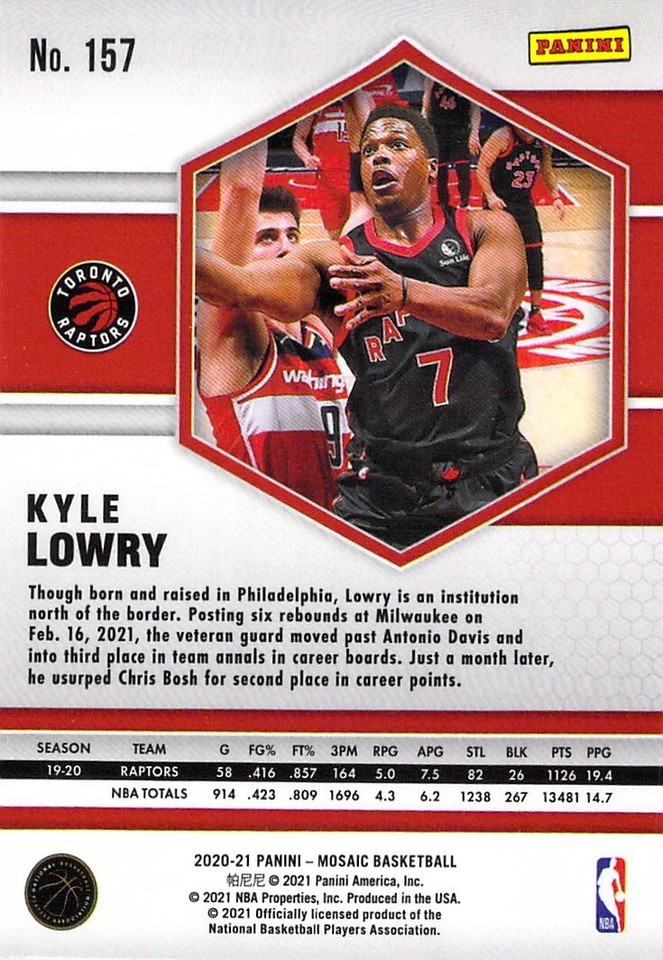 Kyle Lowry 2020-21 Panini Mosaic Basketball Chrome Base Card #157 ...