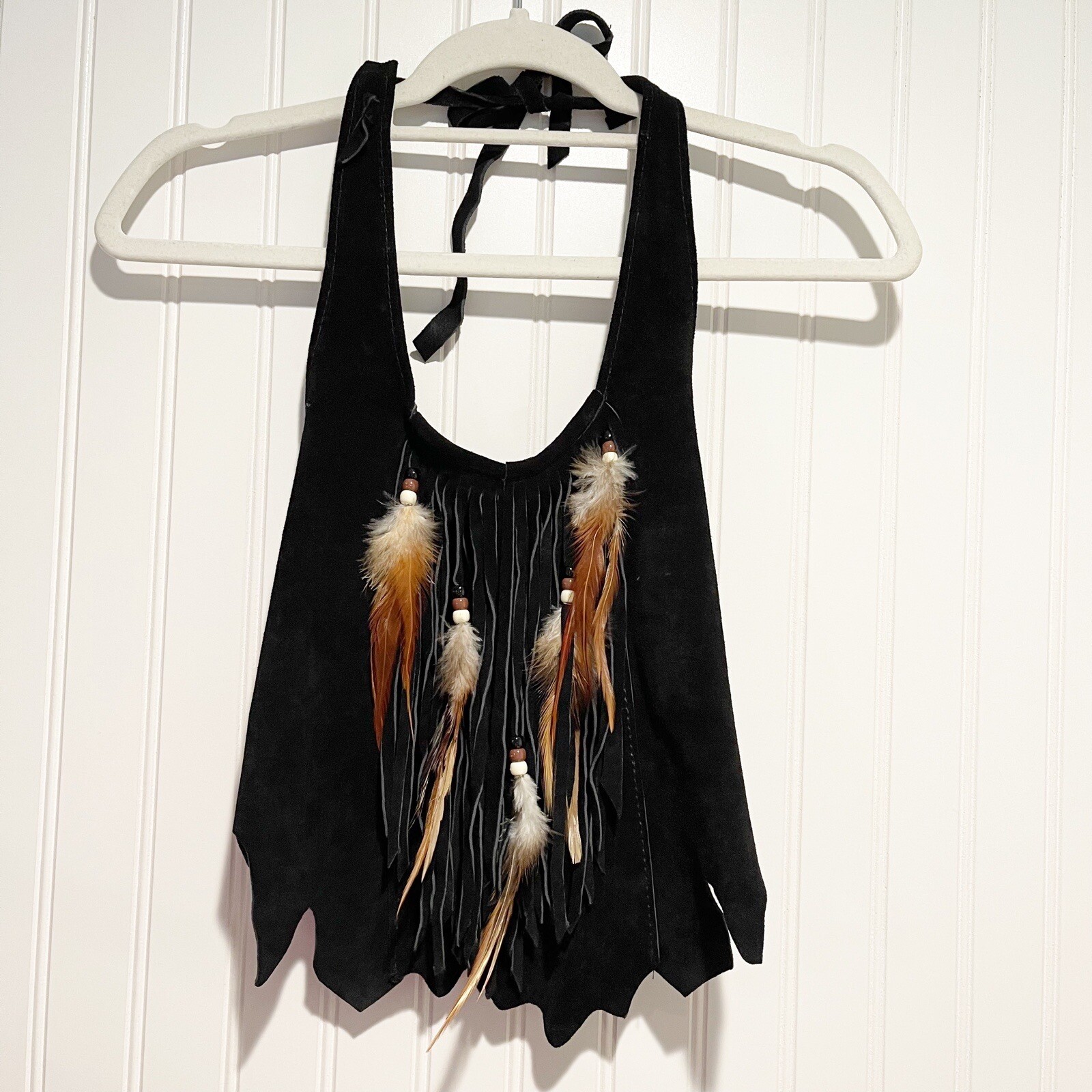 Vintage HB Native American Black Leather Halter Top F… - Gem