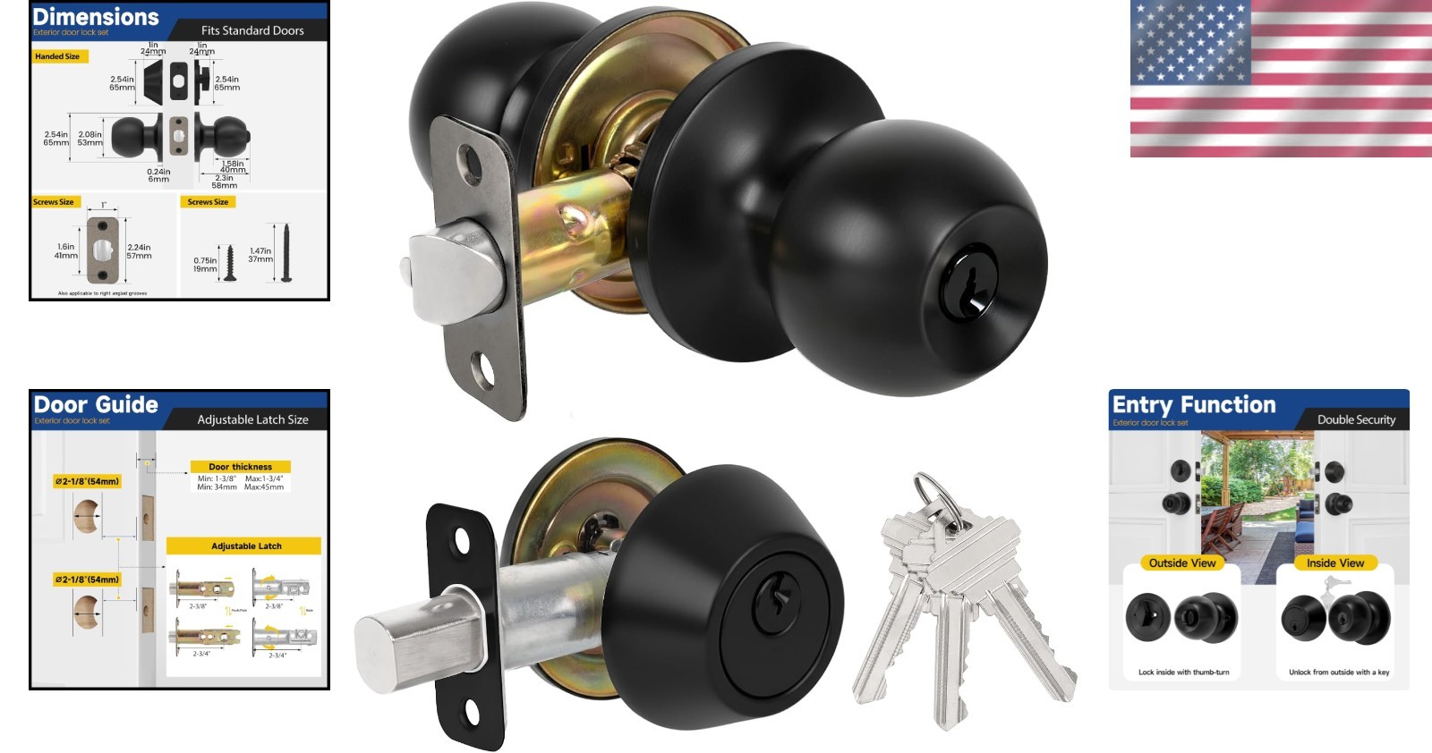Elegant Matte Black Keyed Door Lock Set - Durable Deadbolt for Home ...