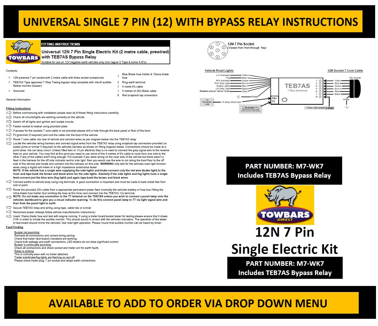 Universal Single 7 Pin 12N Electric Towbar Wiring Kit including Bypass ...